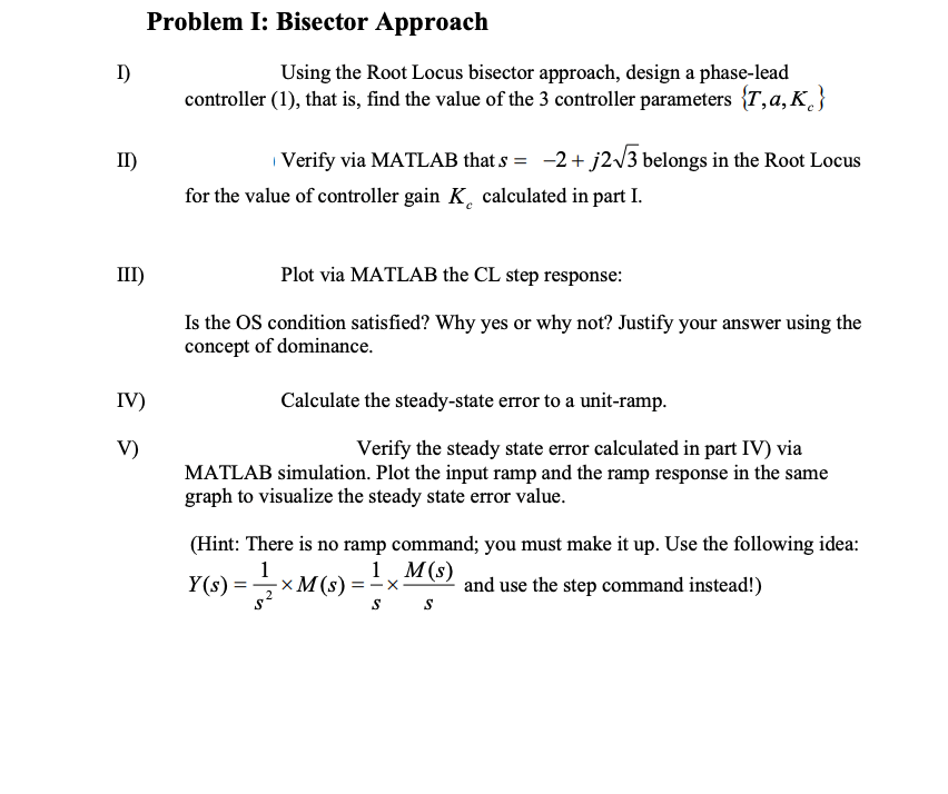 Problem I: Bisector Approach Using the Root Locus | Chegg.com