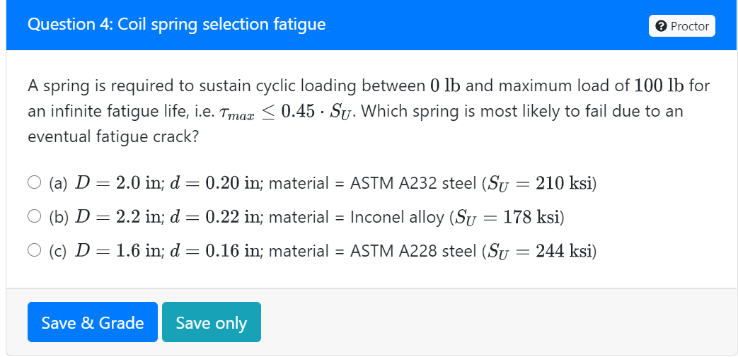 Solved Question 4: Coil spring selection fatigue Proctor A | Chegg.com