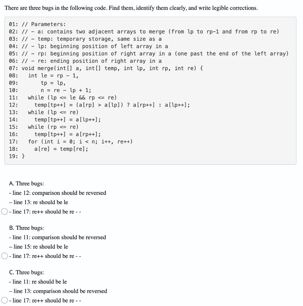 Solved There are three bugs in the following code. Find | Chegg.com