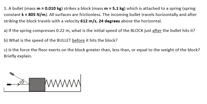 Solved 1. A bullet (mass m = 0.010 kg) strikes a block (mass | Chegg.com