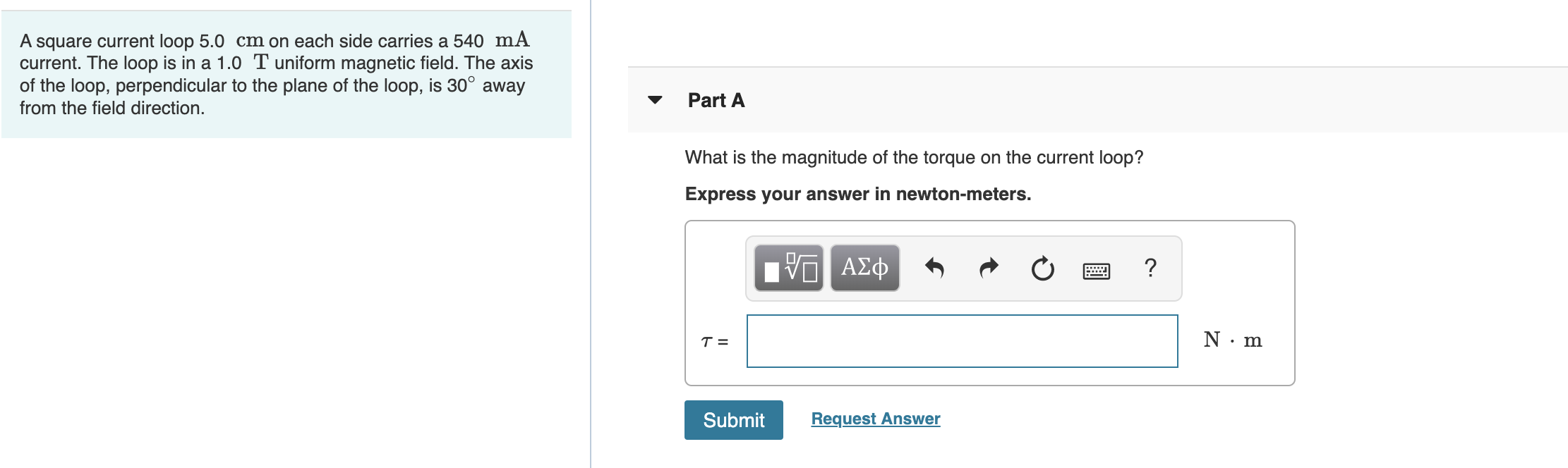 Solved A square current loop 5.0 cm on each side carries a | Chegg.com