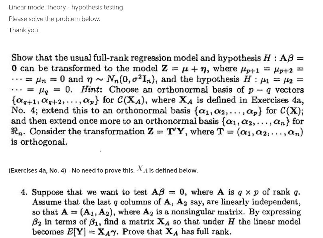 Linear model theory - hypothesis testing Please solve | Chegg.com