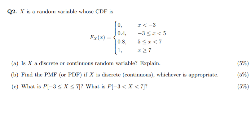 Solved Q2. X is a random variable whose CDF is 0, I