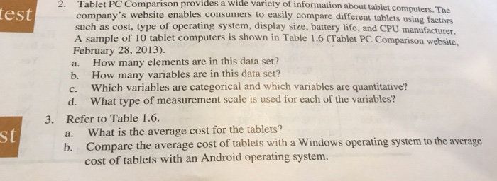 Solved 2. Tablet PC Comparison provides wide variety of | Chegg.com