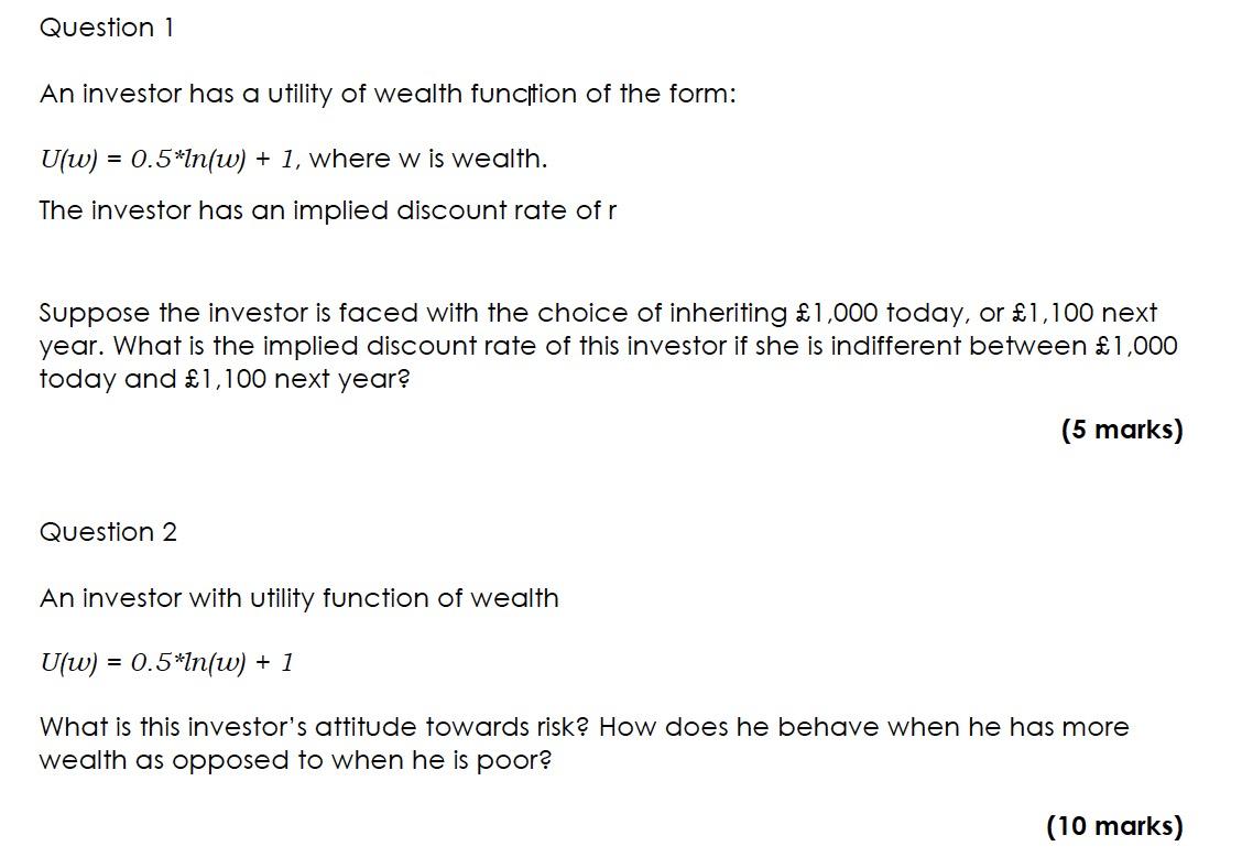 Solved An investor has a utility of wealth function of | Chegg.com