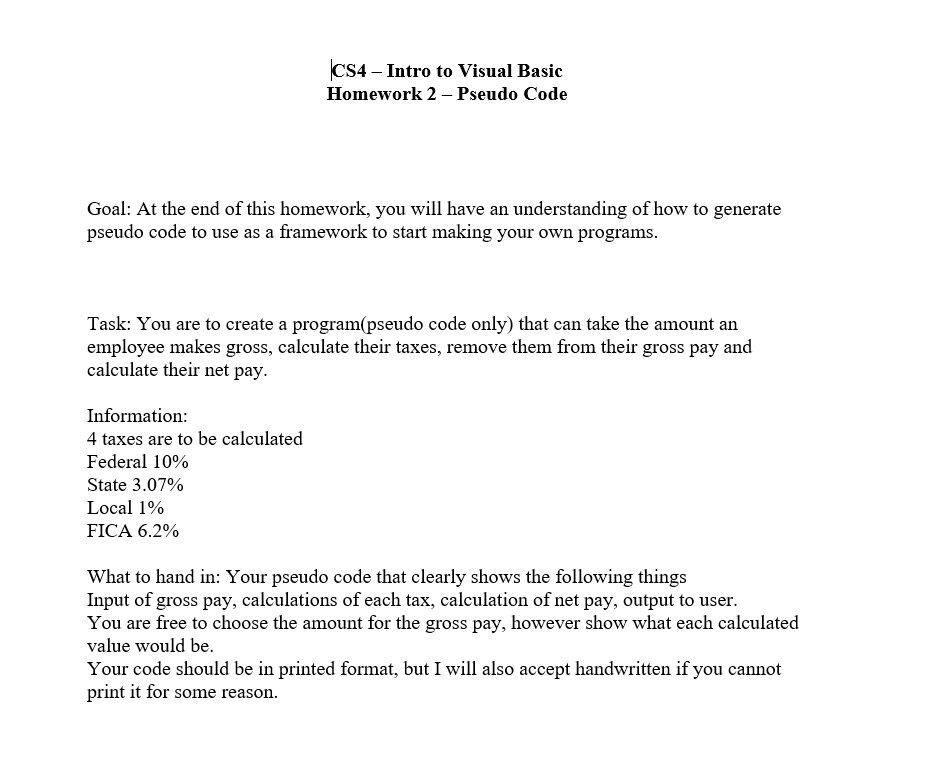 Solved CS4- Intro to Visual Basic Homework 2 - Pseudo Co | Chegg.com