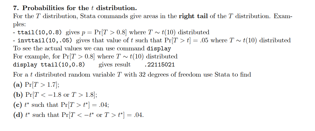 Solved 7. Probabilities for the t distribution. For the T | Chegg.com