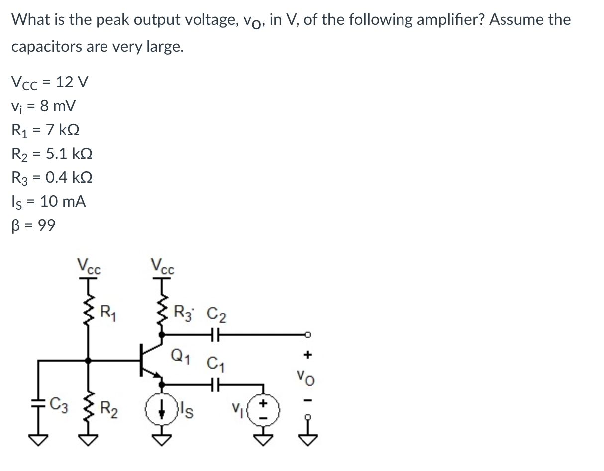 Solved What is the peak output voltage, v0, in V, of the | Chegg.com