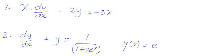 Solved 1. x⋅dxdy−2y=−3x 2. dxdy+y=(1+2ex)1y(0)=e | Chegg.com
