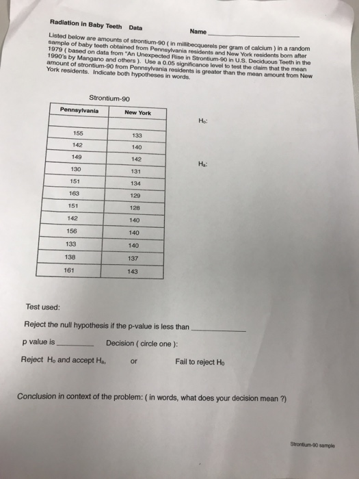 Solved Radiation in Baby Teeth Data Name Listed below are | Chegg.com