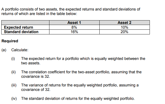 Solved A portfolio consists of two assets, the expected | Chegg.com