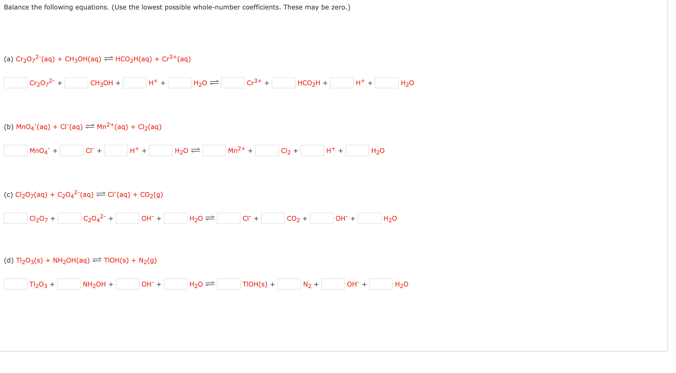 Solved Balance the following equations. (Use the lowest | Chegg.com