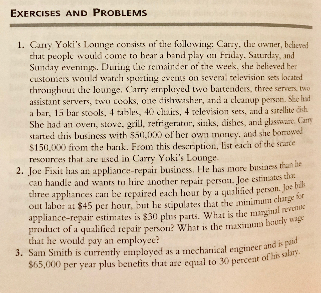 Solved EXERCISES AND PROBLEMS 1. Carry Yoki's Lounge | Chegg.com