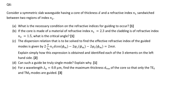 Solved Q6: Consider a symmetric slab waveguide having a core | Chegg.com