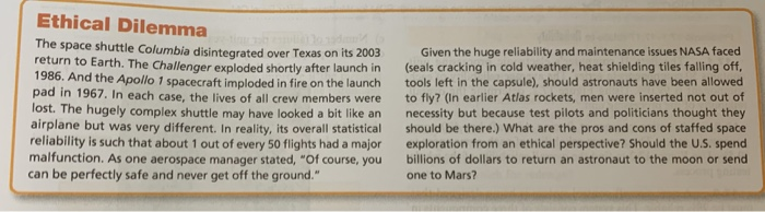 Solved Ethical Dilemma The space shuttle Columbia | Chegg.com
