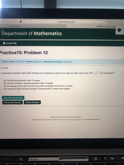 Solved 을 ww2.math.msu.edu Shopping Cart WeBWor Department of | Chegg.com