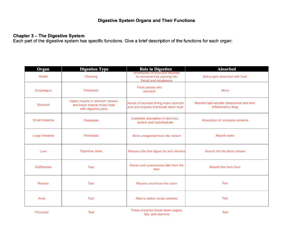 Solved Digestive System Organs and Their Functions Chapter 3 | Chegg.com