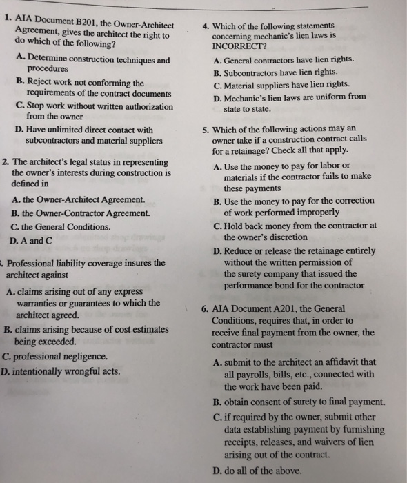 Solved 1. AIA Document B201, the Owner-Architect 4. Which of | Chegg.com