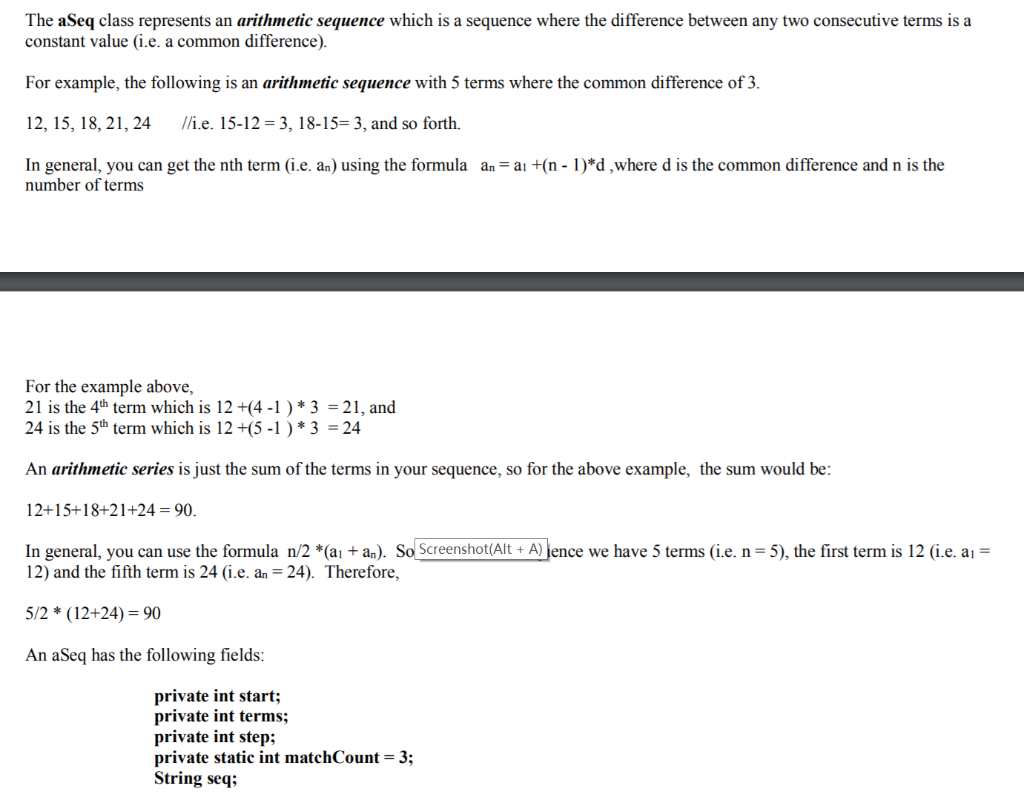 Solved The aSeq class represents an arithmetic sequence | Chegg.com