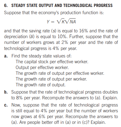 Solved 6. STEADY STATE OUTPUT AND TECHNOLOGICAL PROGRESS | Chegg.com