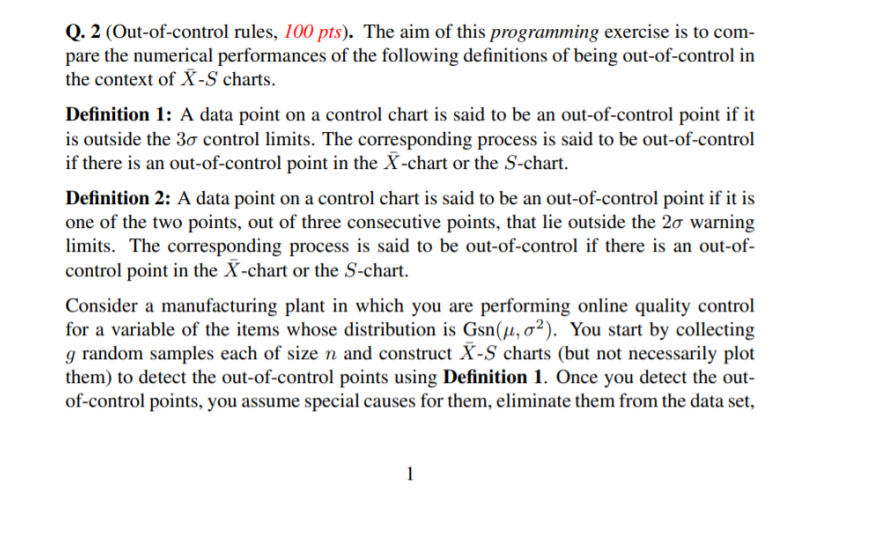 Q. 2 (Out-of-control rules, 100 pts). The aim of this | Chegg.com