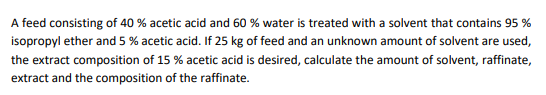 Solved A feed consisting of 40 % acetic acid and 60 % water | Chegg.com