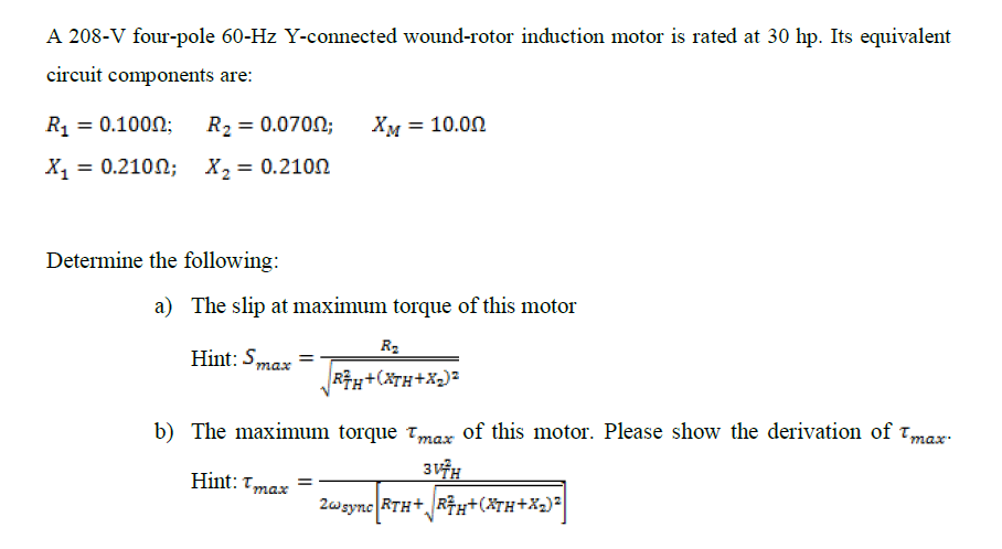 Solved A 208-V four-pole 60-Hz Y-connected wound-rotor | Chegg.com