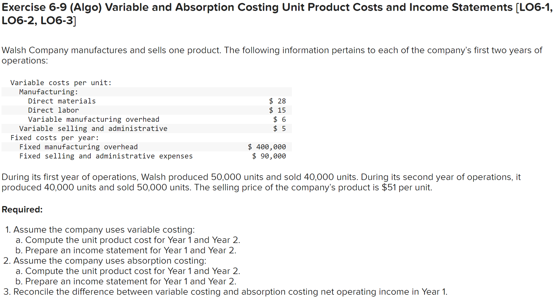 Solved Exercise 6-9 (Algo) Variable and Absorption Costing | Chegg.com