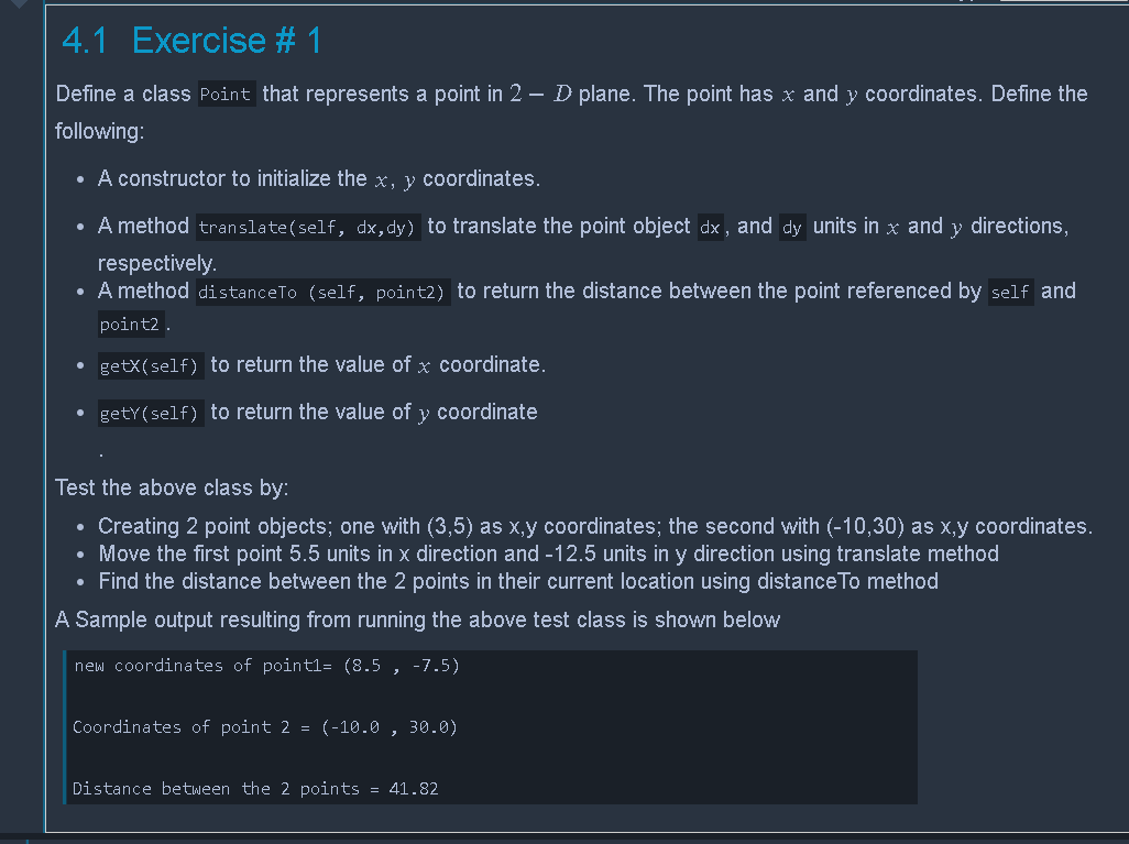 Solved 4.1 Exercise # 1 Define a class Point that represents | Chegg.com