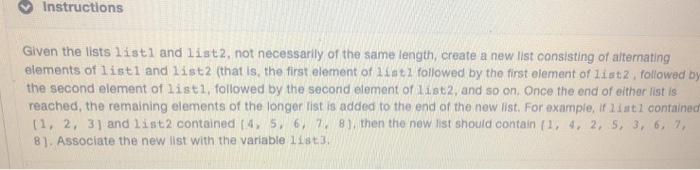Solved Instructions Given The Lists Listl And List2 Not 8841