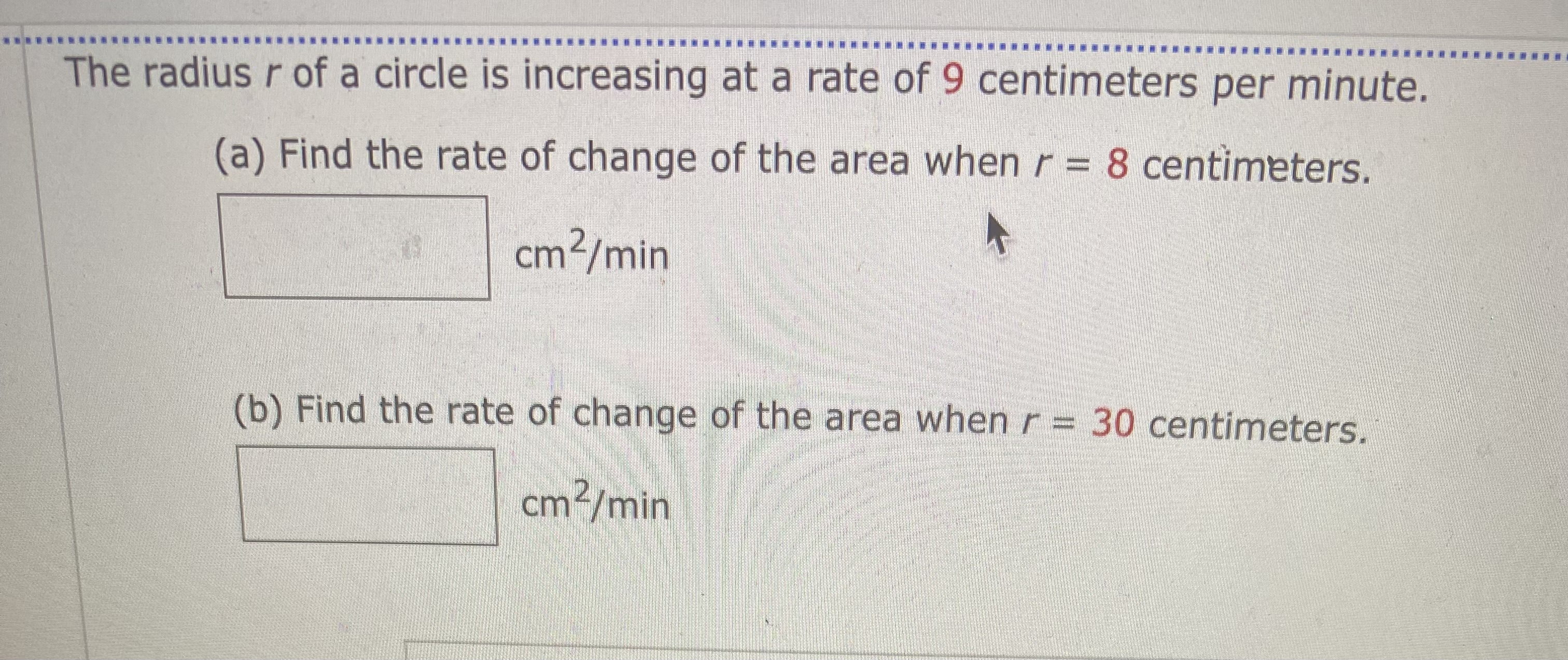 Solved radius \\( r \\) of a circle is increasing at a rate | Chegg.com