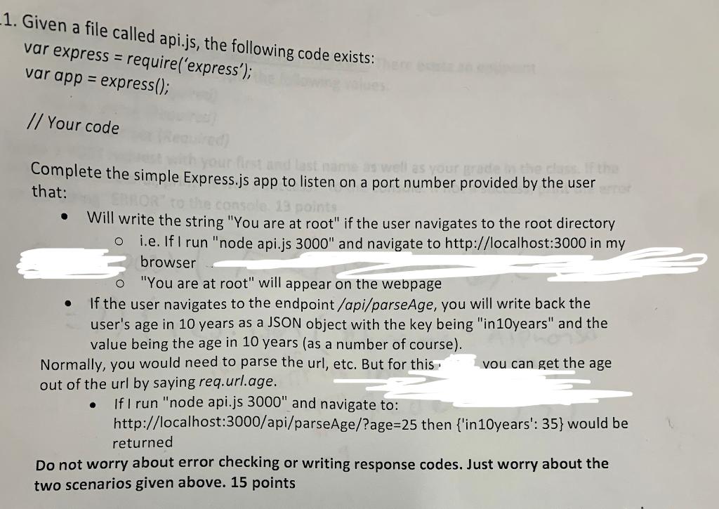 Solved _1. Given a file called api.js, the following code | Chegg.com
