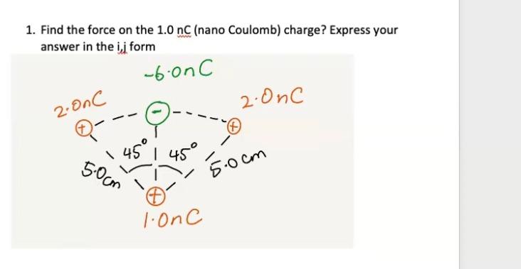 Solved 1. Find the force on the 1.0nC (nano Coulomb) charge? | Chegg.com
