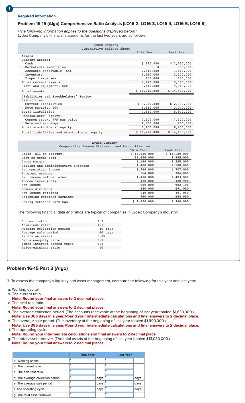 Solved Problem 16-15 (Algo) ﻿Comprehensive Ratio Analysis | Chegg.com