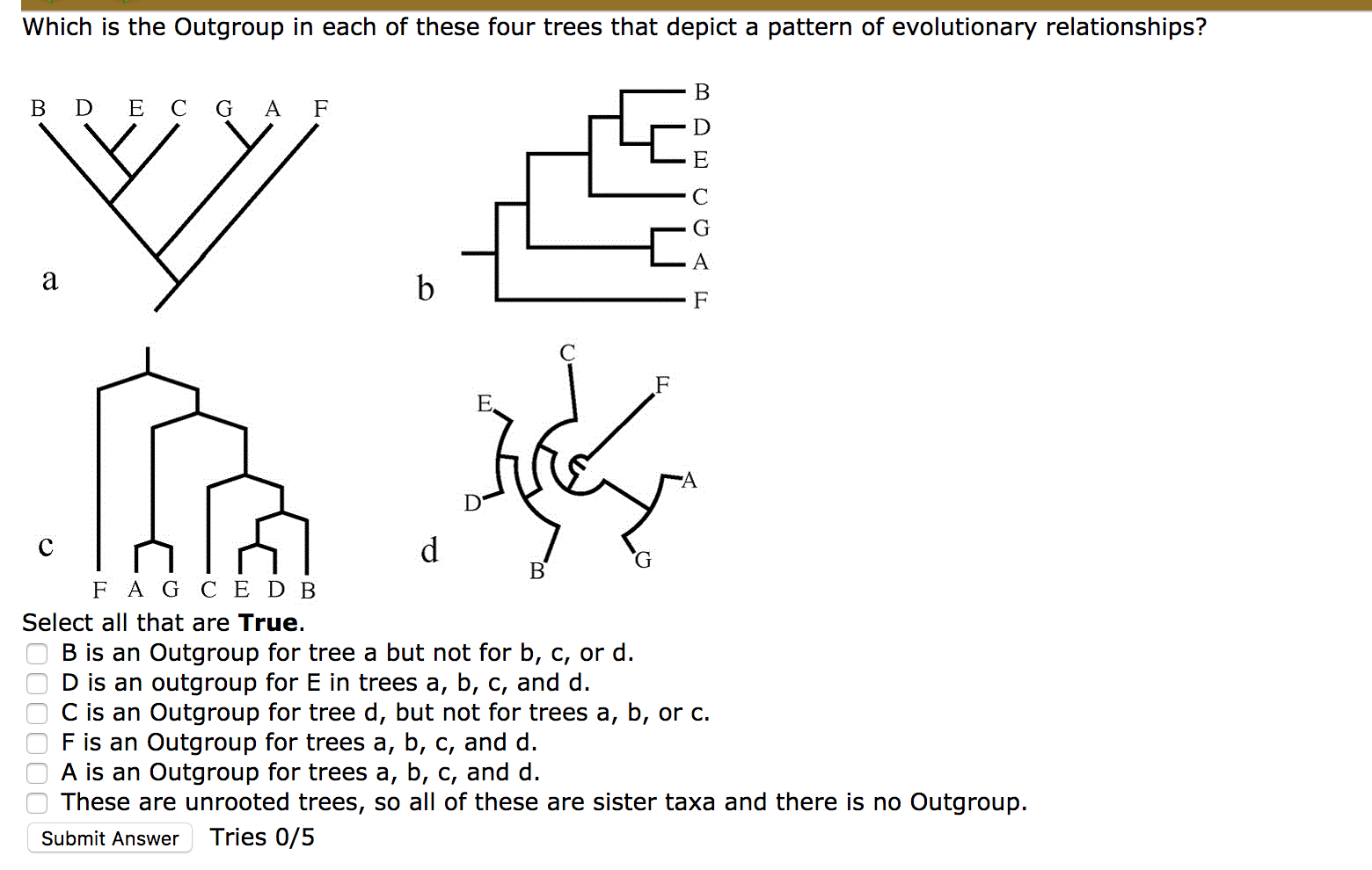 Solved Which is the Outgroup in each of these four trees | Chegg.com