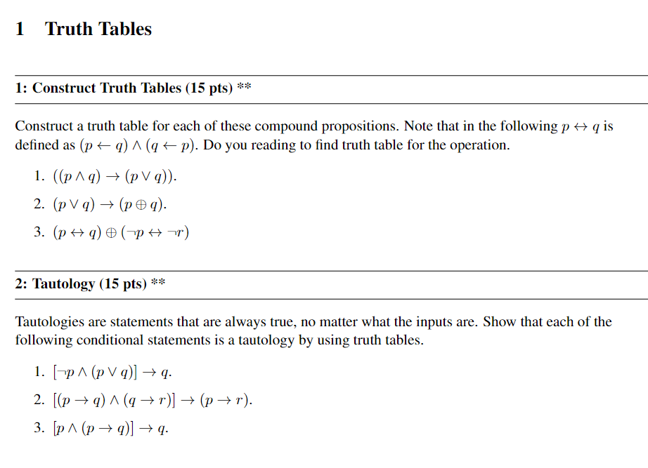 Solved 1 Truth Tables 1 Construct Truth Tables 15 Pts
