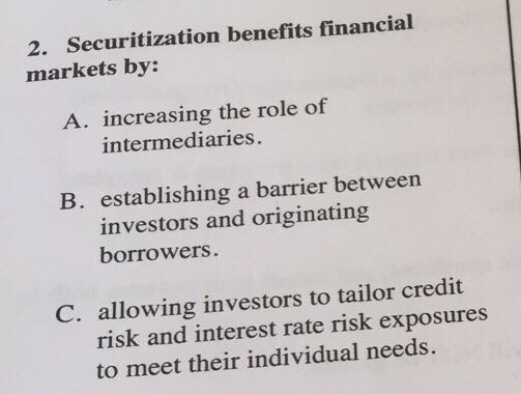 Solved 2. Securitization benefits financial markets by: A. | Chegg.com