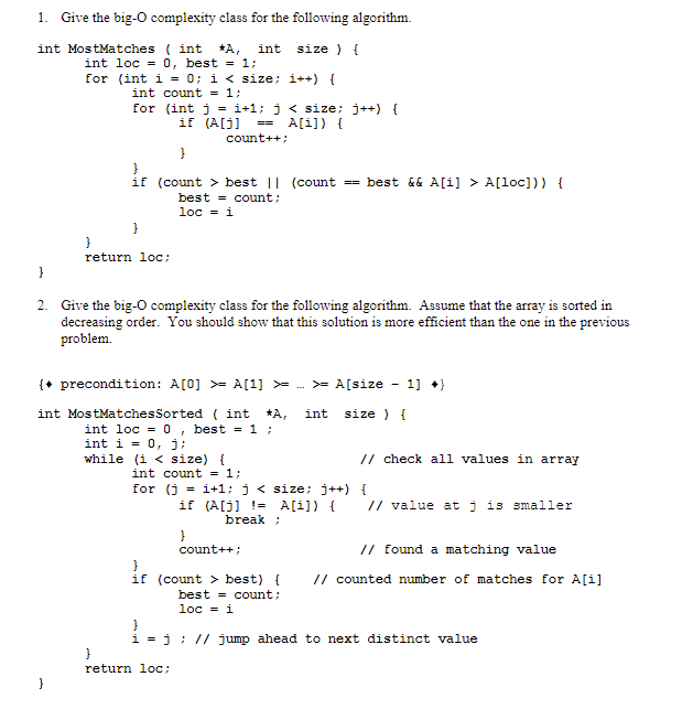 Solved 1. Give the big-O complexity class for the following | Chegg.com