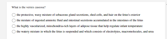 Solved What is the vernix caseosa? O O the protective, waxy | Chegg.com