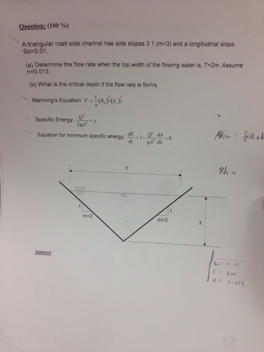 Solved A triangular road side channel has side slopes 3 1 (m | Chegg.com