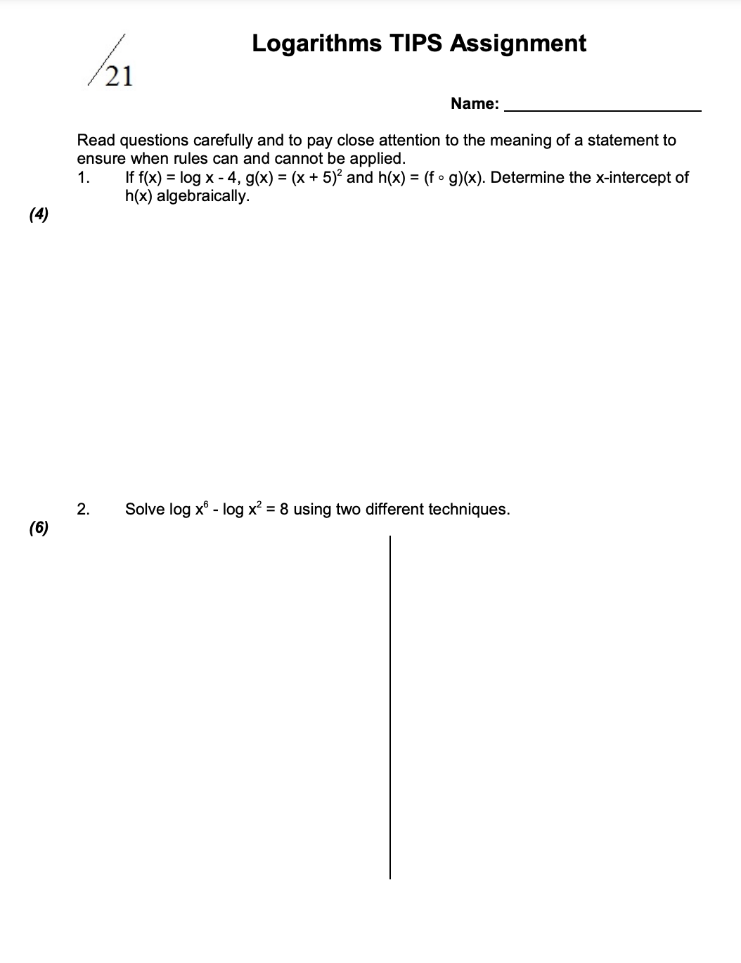 Solved Logarithms TIPS AssignmentNameRead questions | Chegg.com