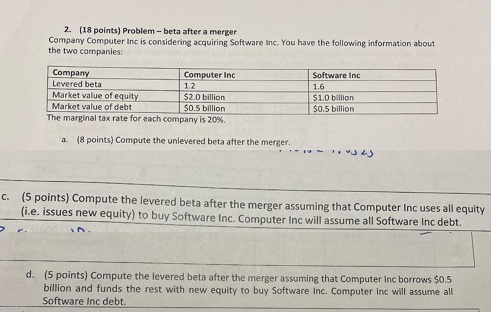 2. (18 points) Problem - beta after a merger Company | Chegg.com