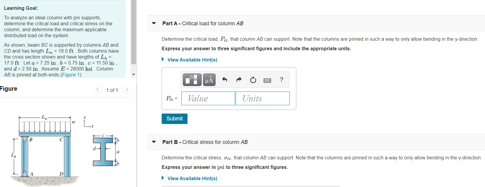 Solved Learning Goal: Part A - Critical load for column AB | Chegg.com
