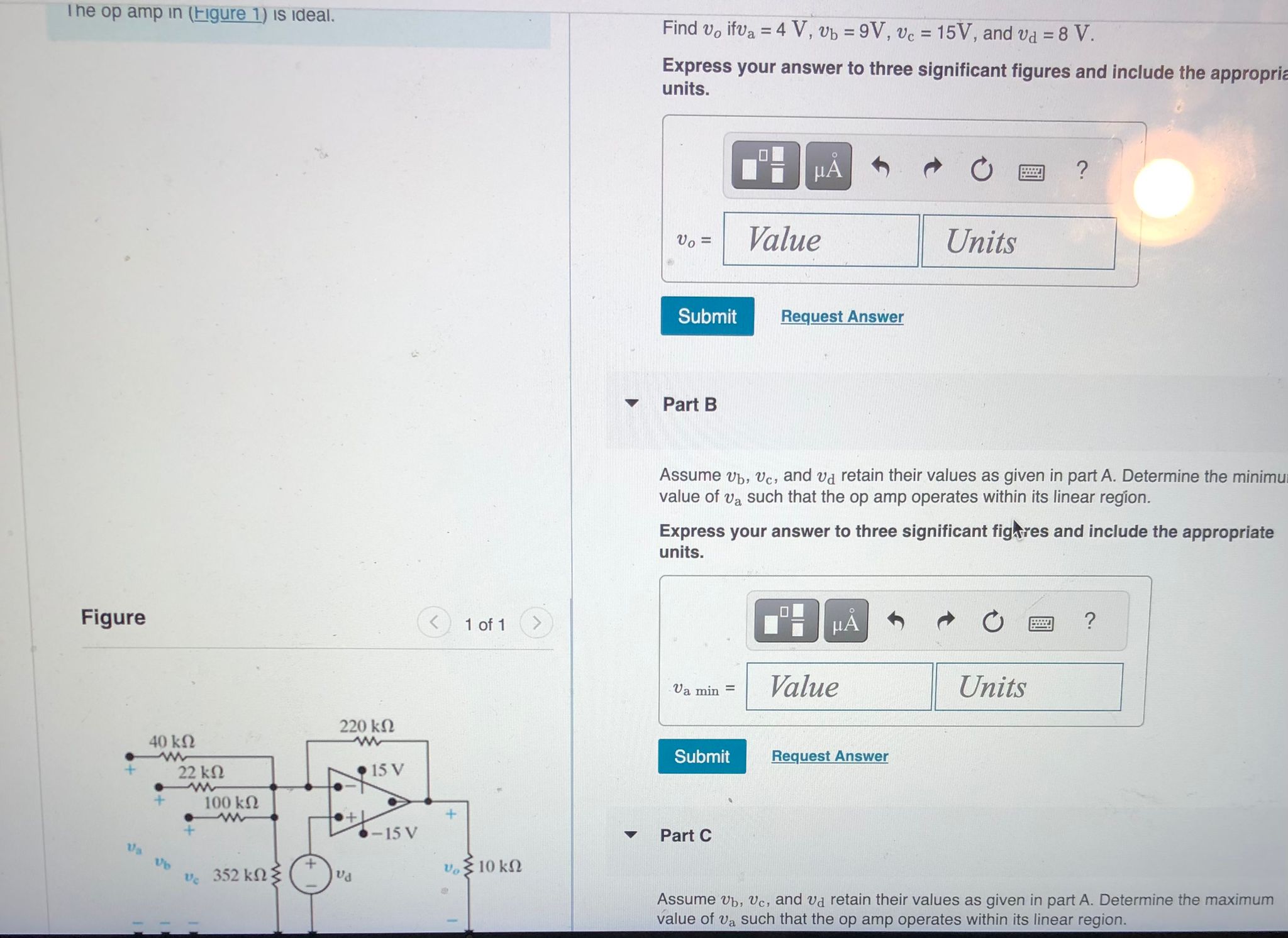 Solved Find vo if va=4 V,vb=9 V,vc=15 V, and vd=8 V Express | Chegg.com