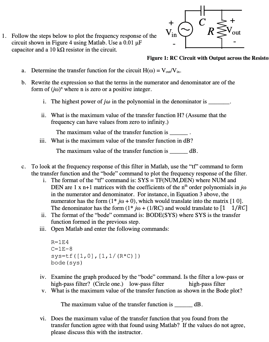 Solved + C + Vin R out 1. Follow the steps below to plot the | Chegg.com