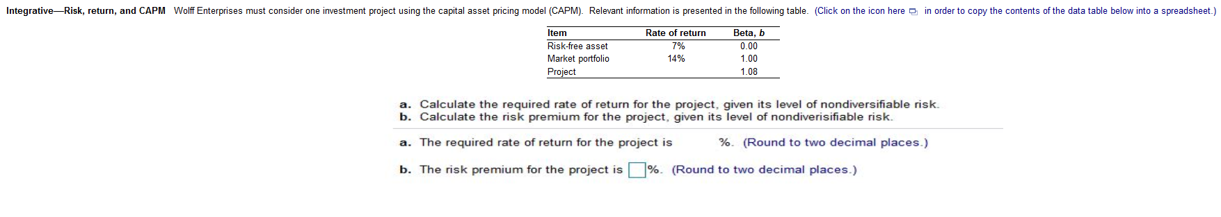 Solved Integrative—Risk, return, and CAPM Wolff Enterprises | Chegg.com