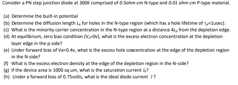 Solved Consider a PN step junction diode at 300K comprised | Chegg.com