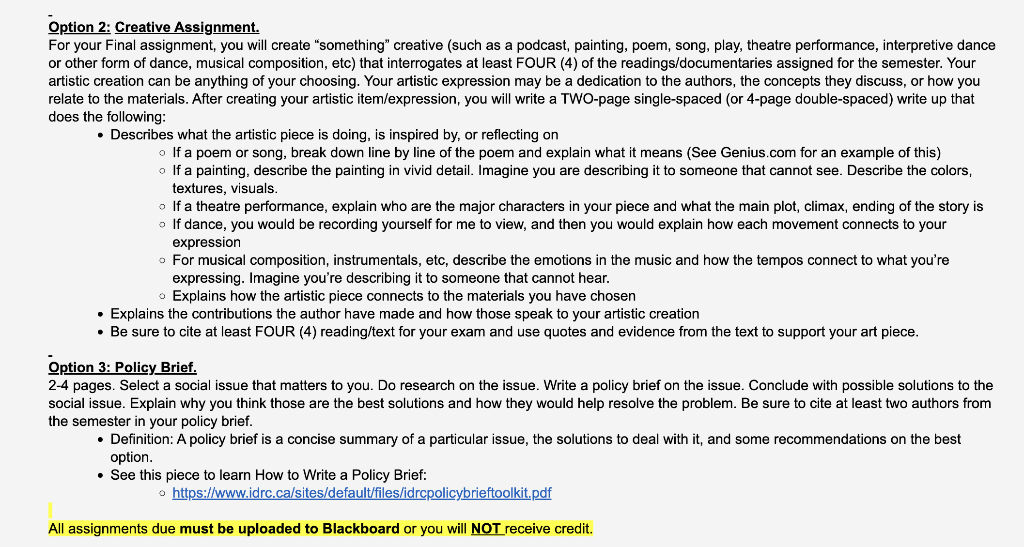 Option 2: Creative Assignment. For your Final | Chegg.com