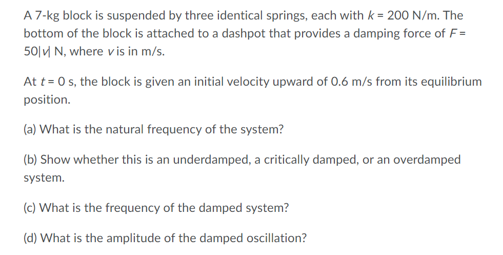 Solved A 7-kg block is suspended by three identical springs, | Chegg.com