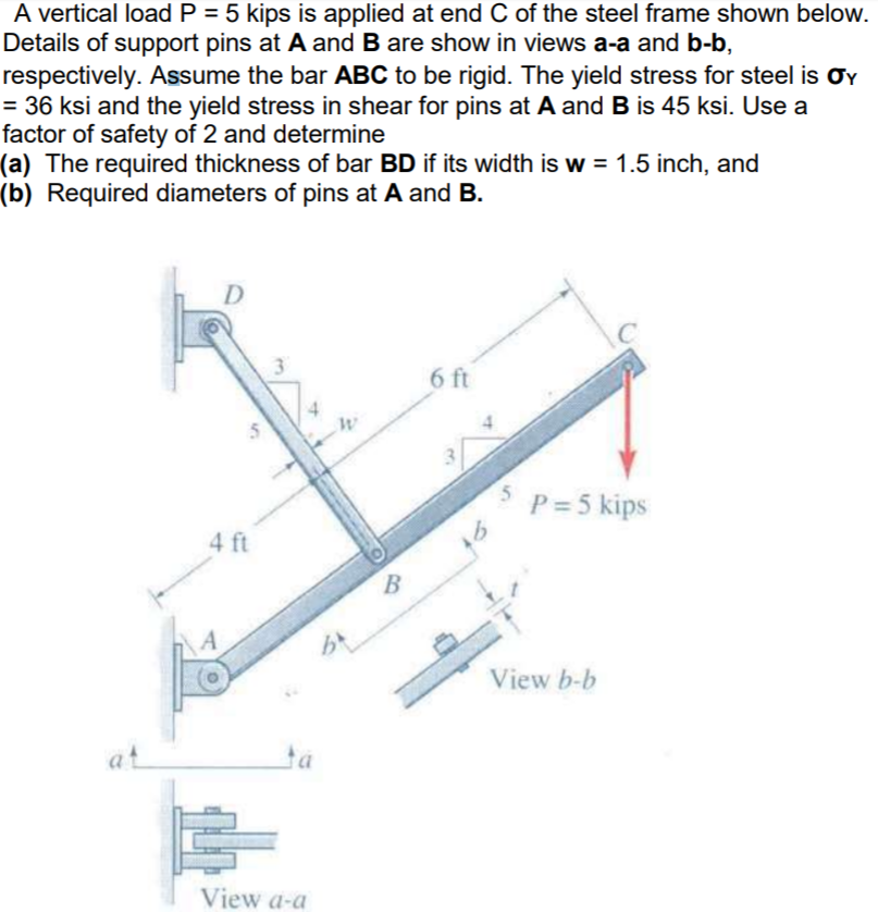 Solved A vertical load P 5 kips is applied at end C of the | Chegg.com
